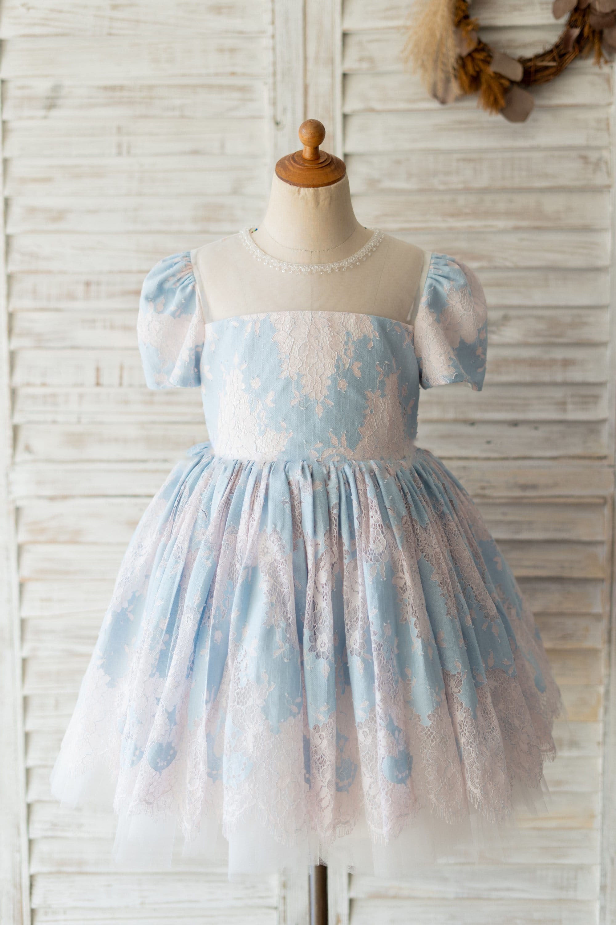 Girls Girls Blue Lace Short Sleeves Party Dress